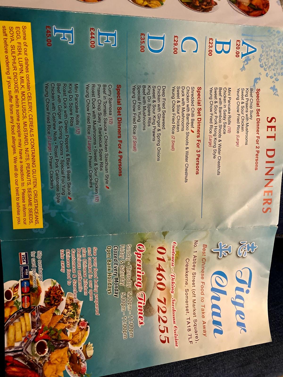 Menu at Tiger Chan fast food, Crewkerne