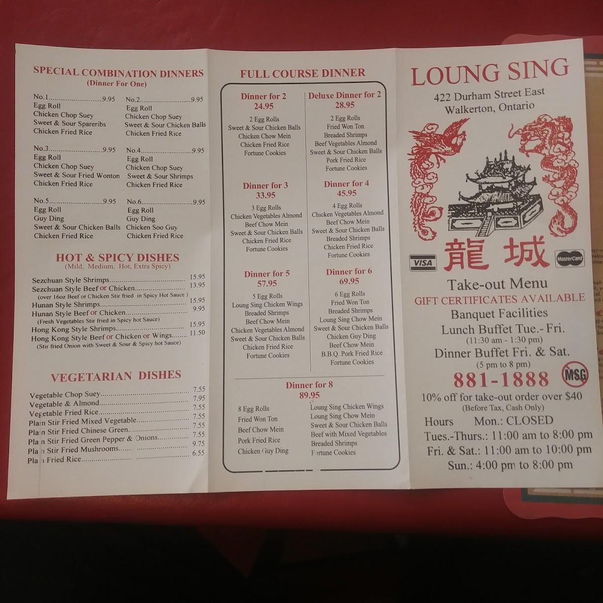 Menu at Loung Sing Restaurant, Walkerton, 422 Durham St E