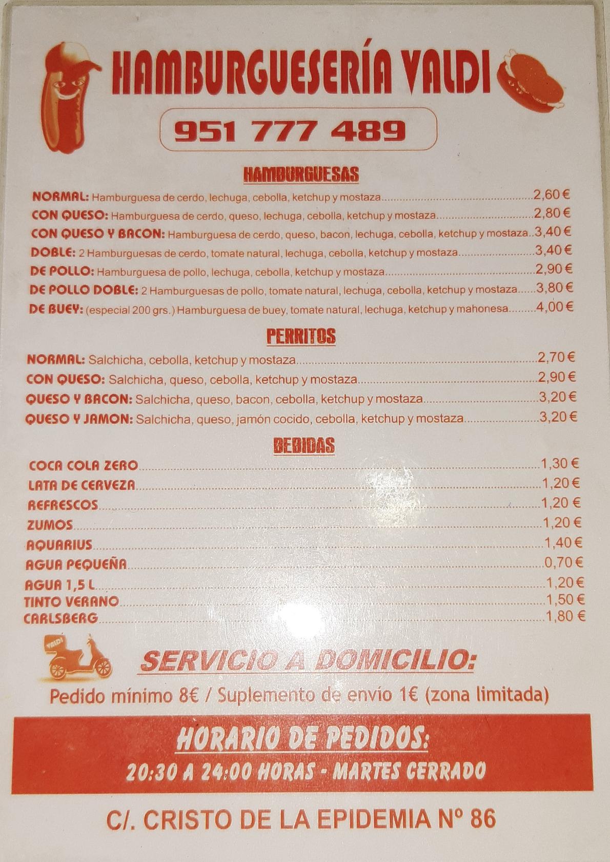 Carta del restaurante Valdi Olletas, Málaga, C. Cristo del la Epidemia