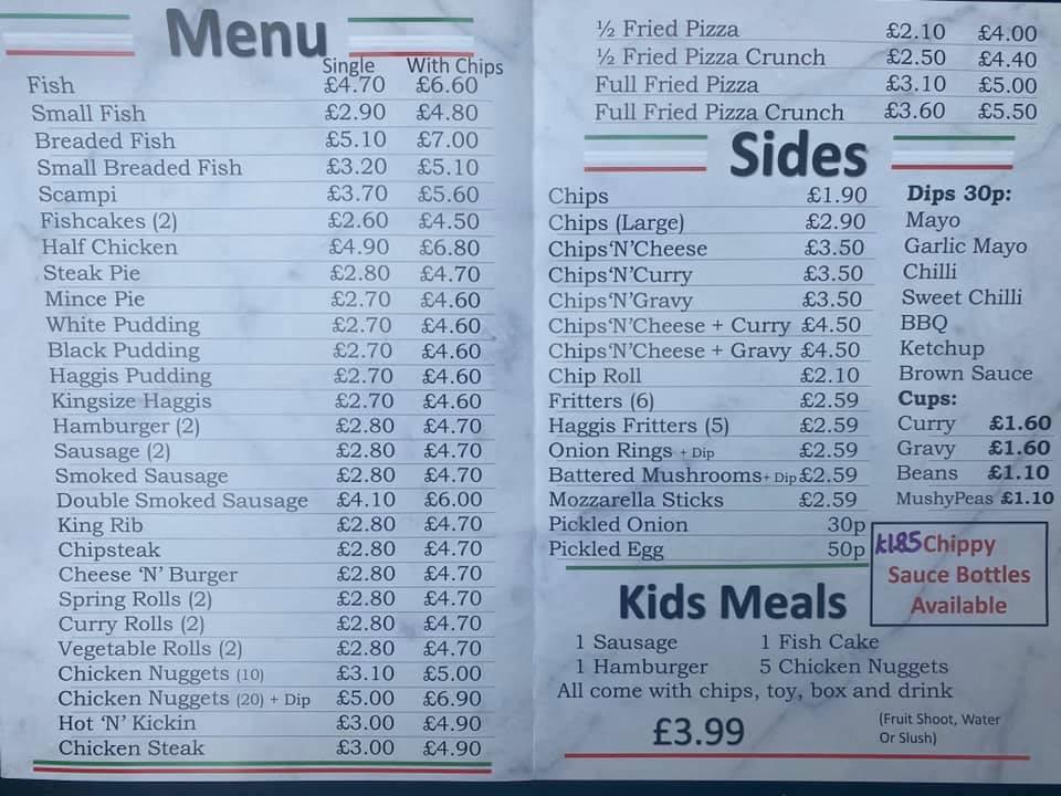 Menu at Cello's pizzeria, Larbert