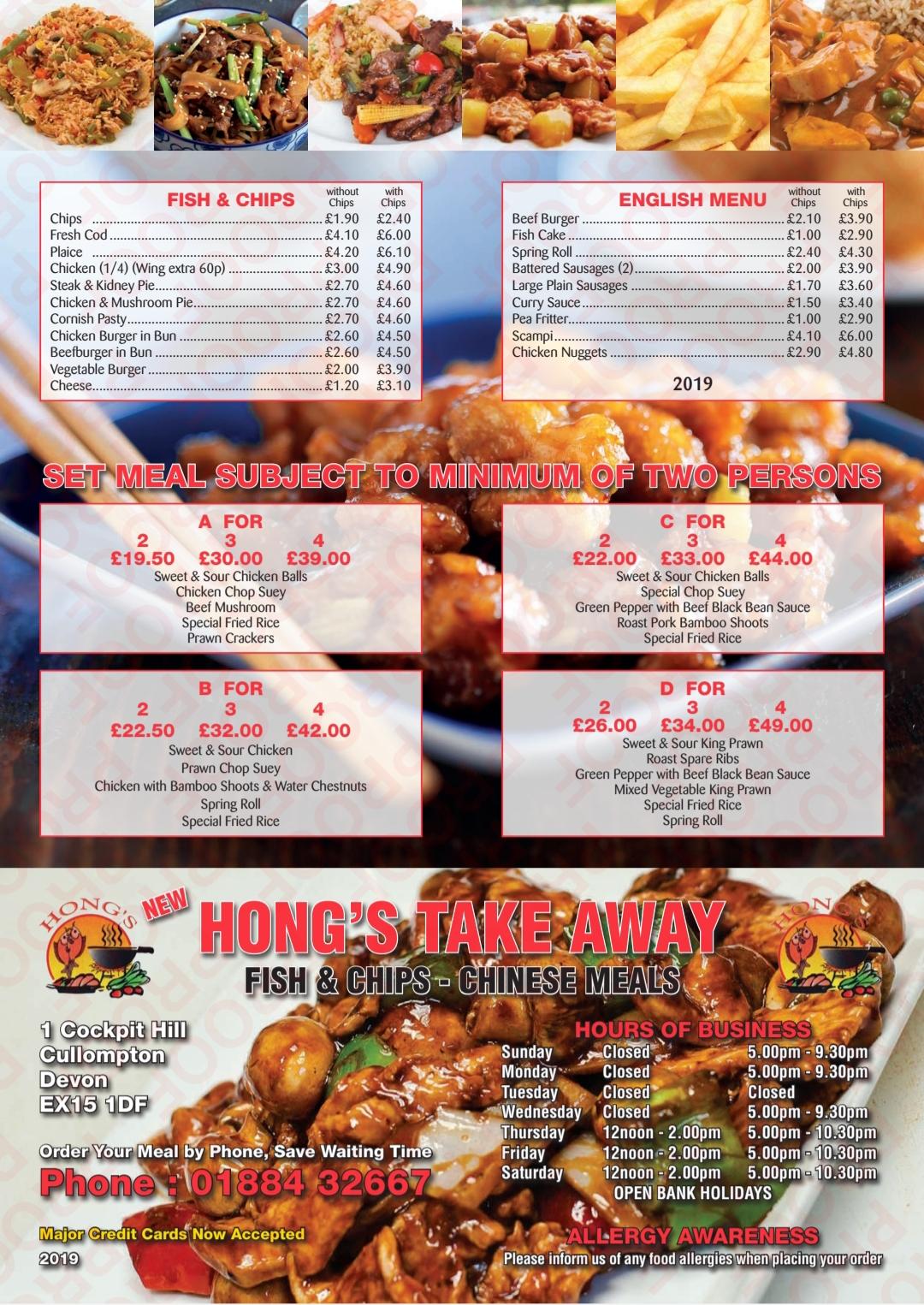 Menu at Hongs Take Away fast food, Cullompton