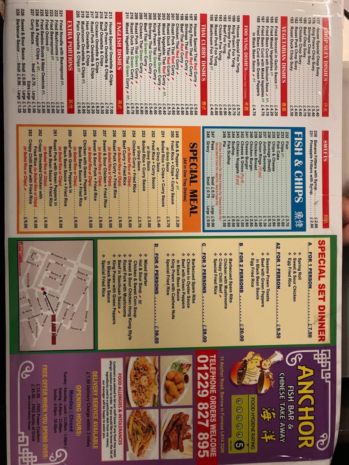 Menu at Anchor Fish Bar, Barrow-in-Furness