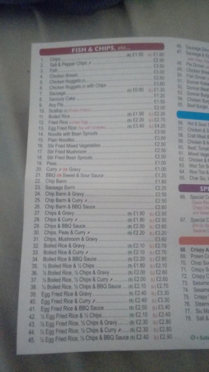 Menu at Chop Sticks restaurant, Liverpool, 19 Lisburn Ln