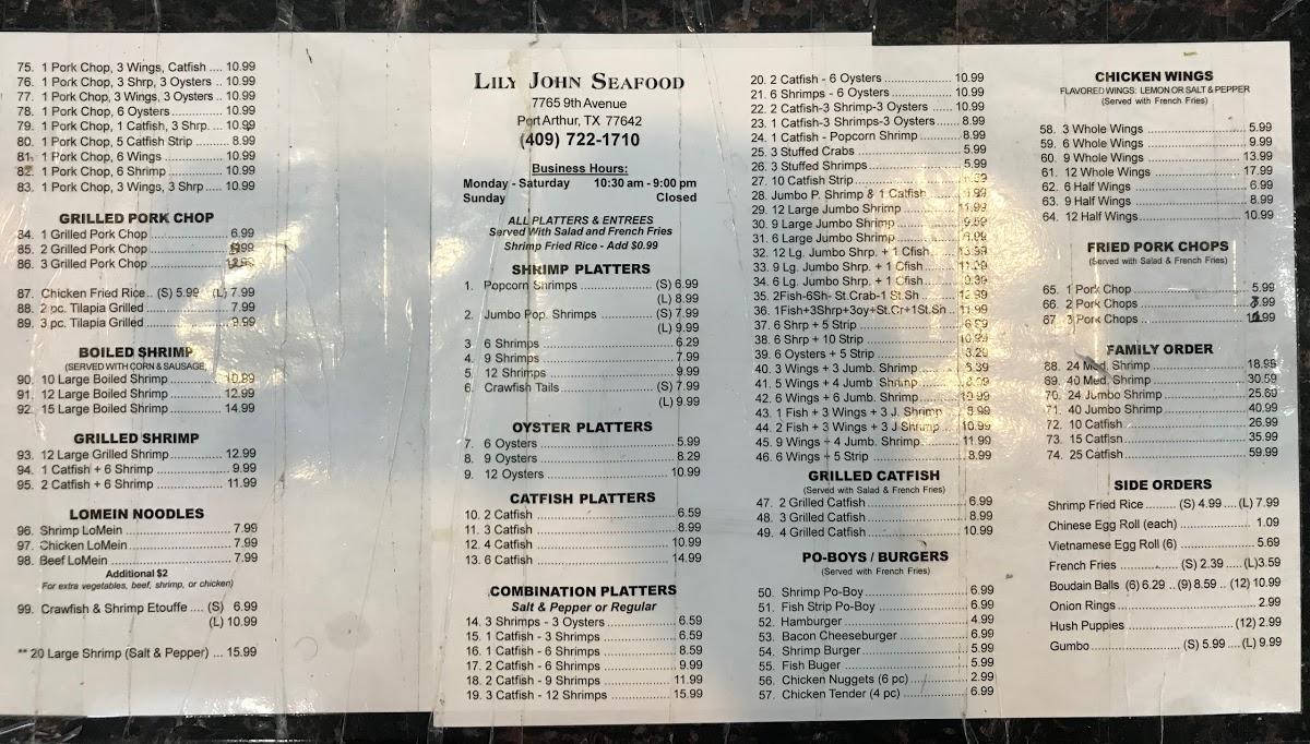 Menu at Lily John Seafood restaurant, Port Arthur