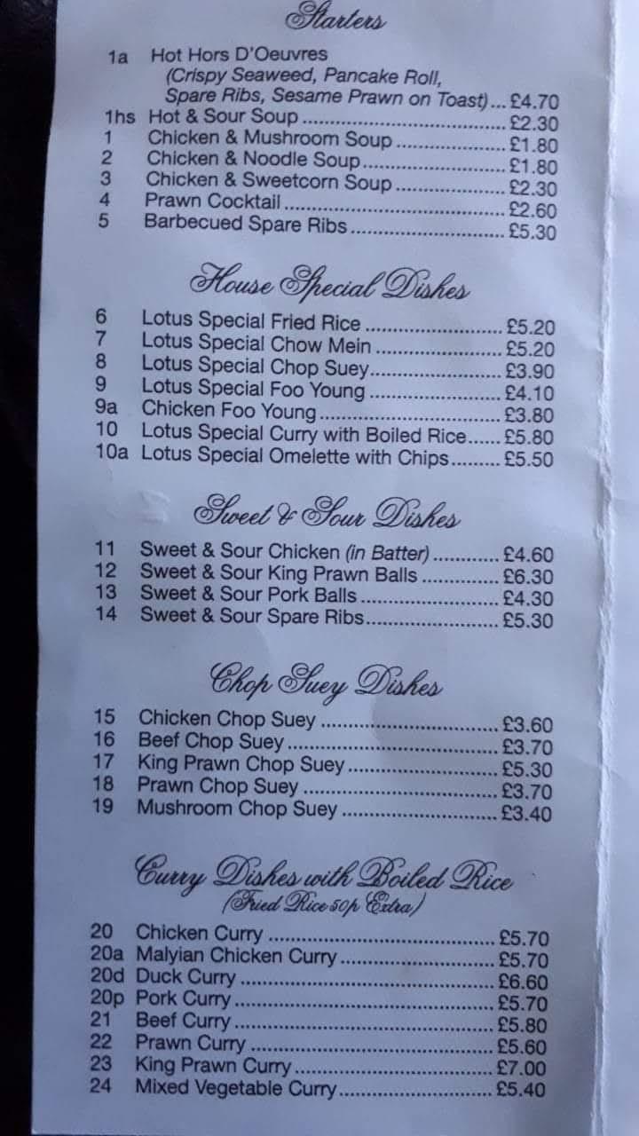 Menu at Lotus House fast food, Stanford-le-Hope