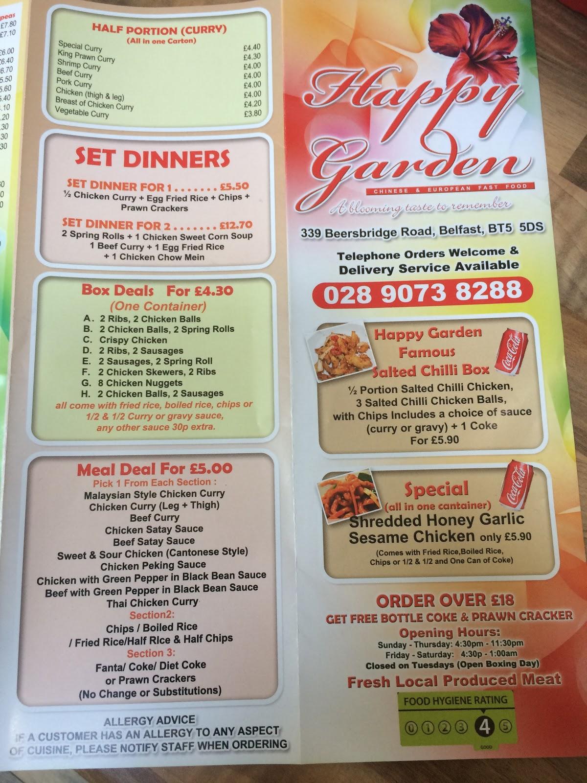 Menu at Happy Garden fast food, Belfast, 339 Beersbridge Rd