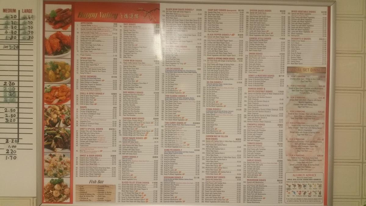 Menu at Happy Valley restaurant, Whipsnade