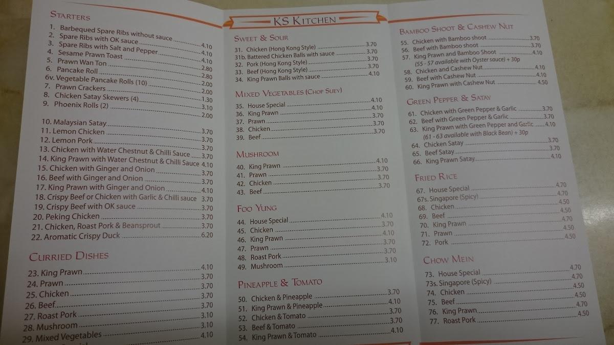 Menu at K.S. Kitchen restaurant, Beverley