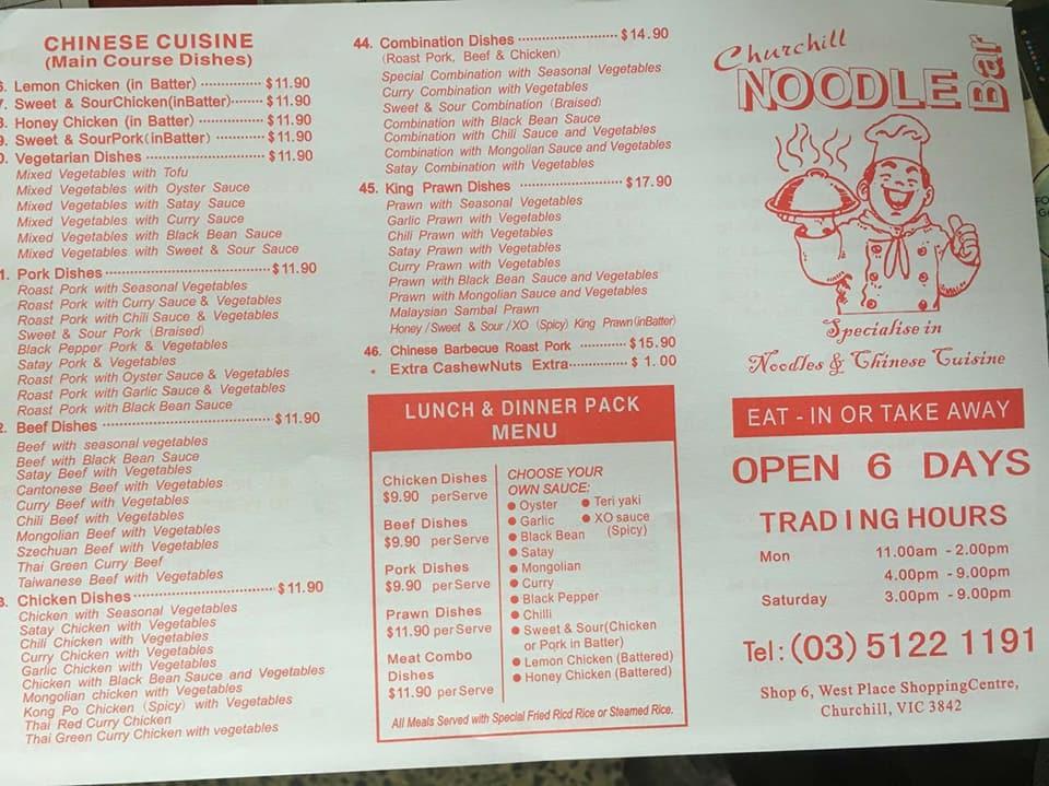 Menu at Churchill Noodle Bar, Churchill