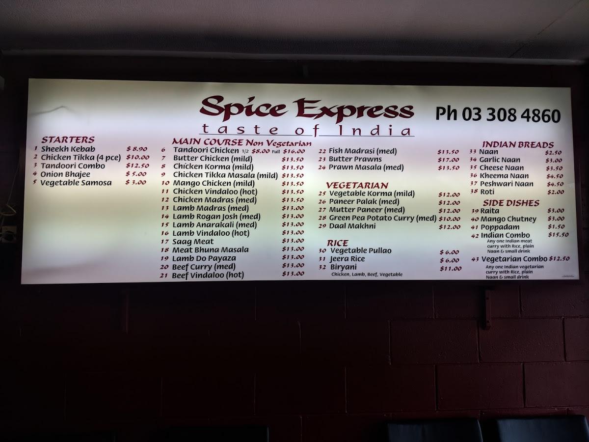 Menu at Spice Express restaurant, Ashburton