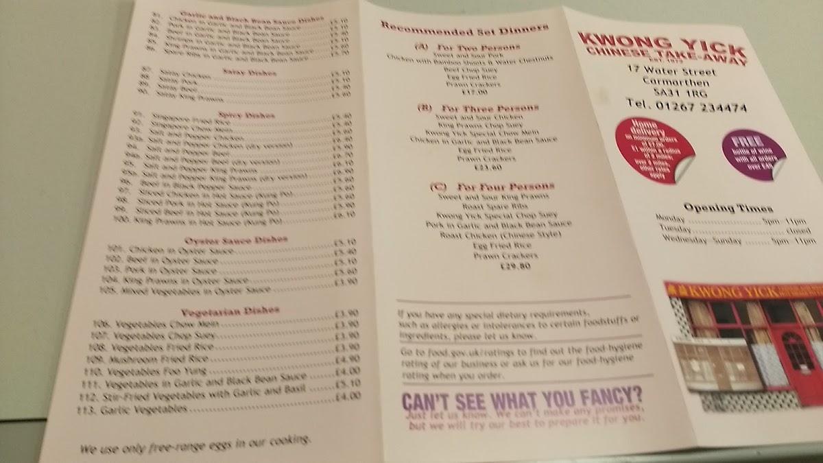 Menu at Kwong Yick restaurant, Carmarthen