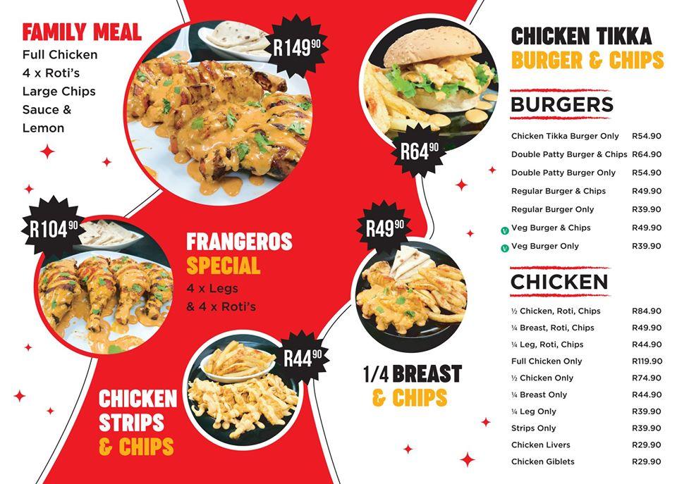 Menu at Frangeros Durban restaurant, Durban