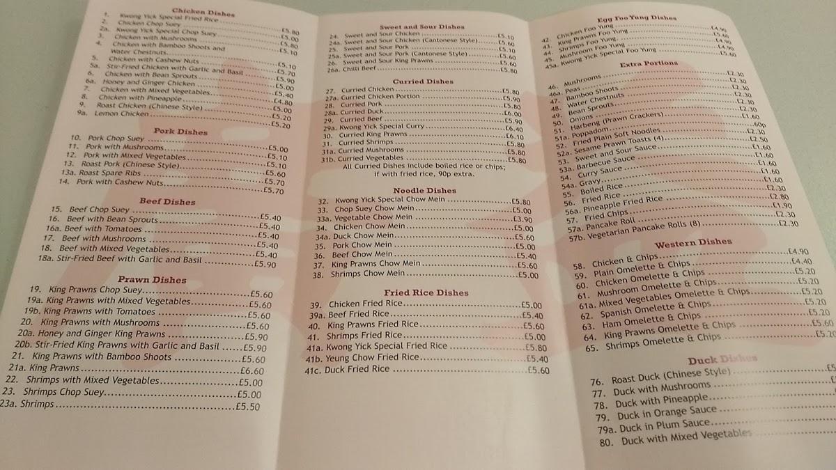 Menu at Kwong Yick restaurant, Carmarthen