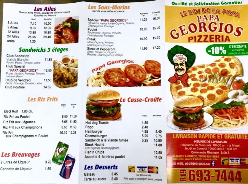Menu au Papa Georgios restaurant, Trois-Rivières