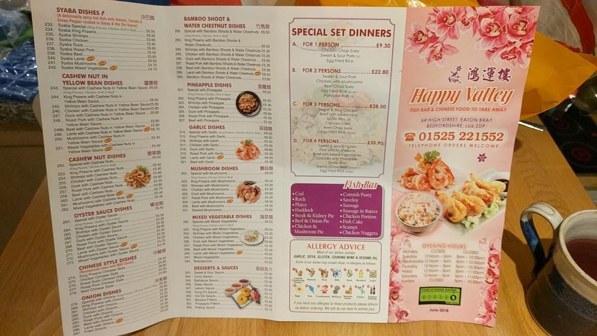 Menu at Happy Valley restaurant, Whipsnade