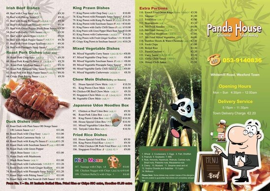 Menu at Panda House cafe, Wexford, White Mill Rd