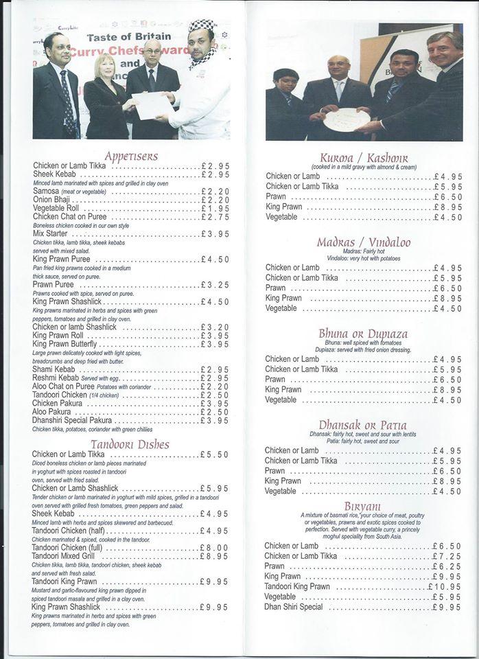 Menu at Dhan Shiri restaurant, Burnham-on-Crouch