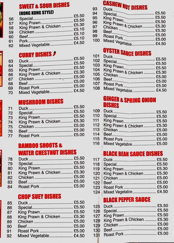 Menu at Liking restaurant, Sunderland