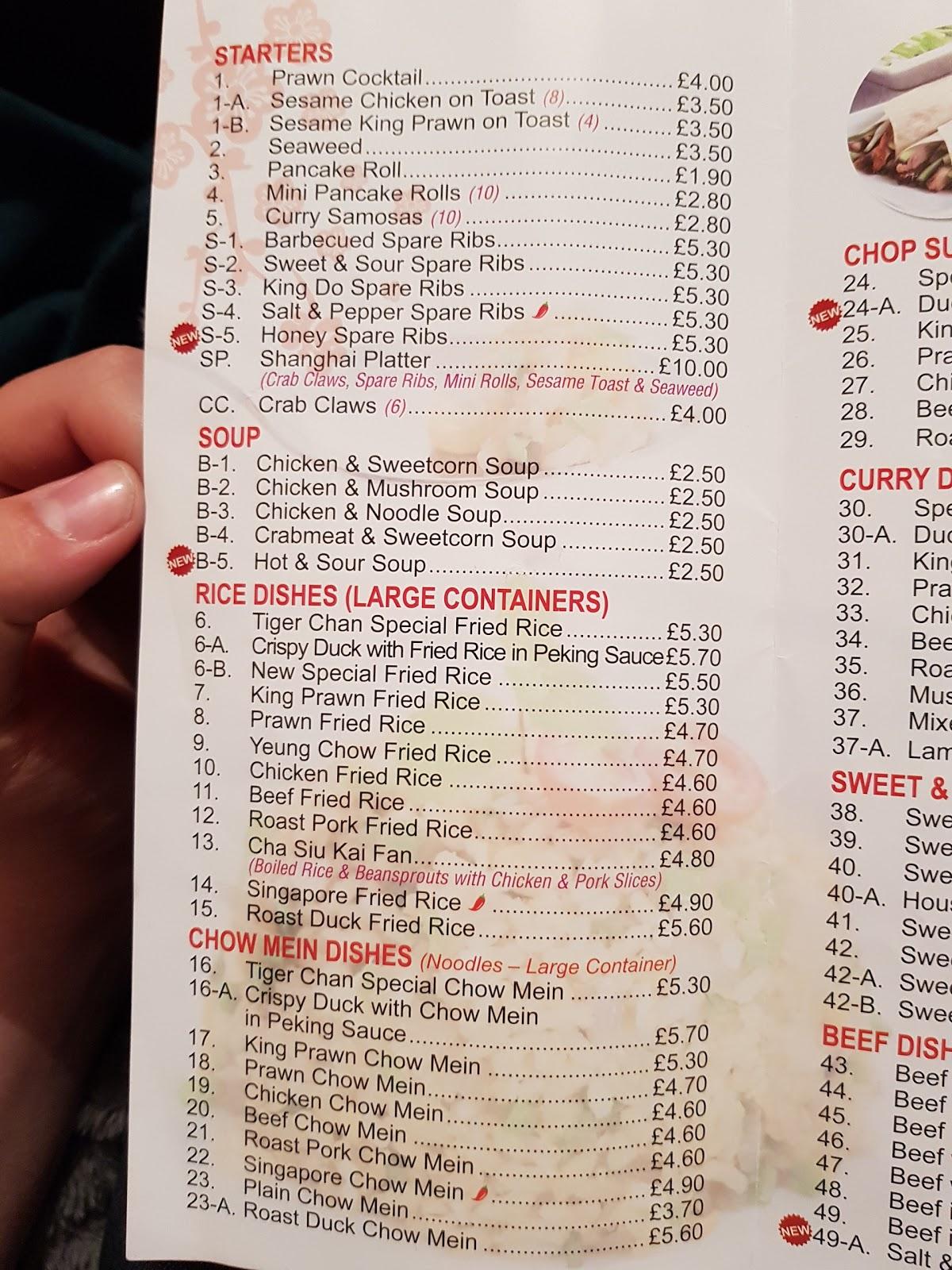 Menu at Tiger Chan fast food, Crewkerne