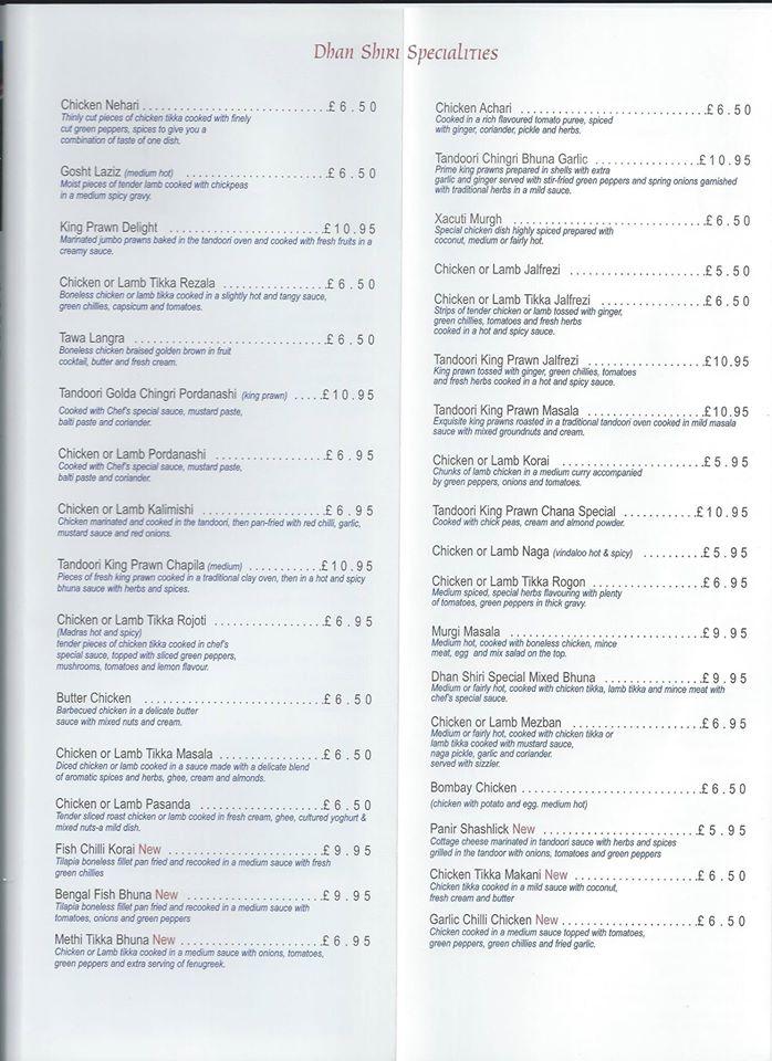 Menu at Dhan Shiri restaurant, Burnham-on-Crouch