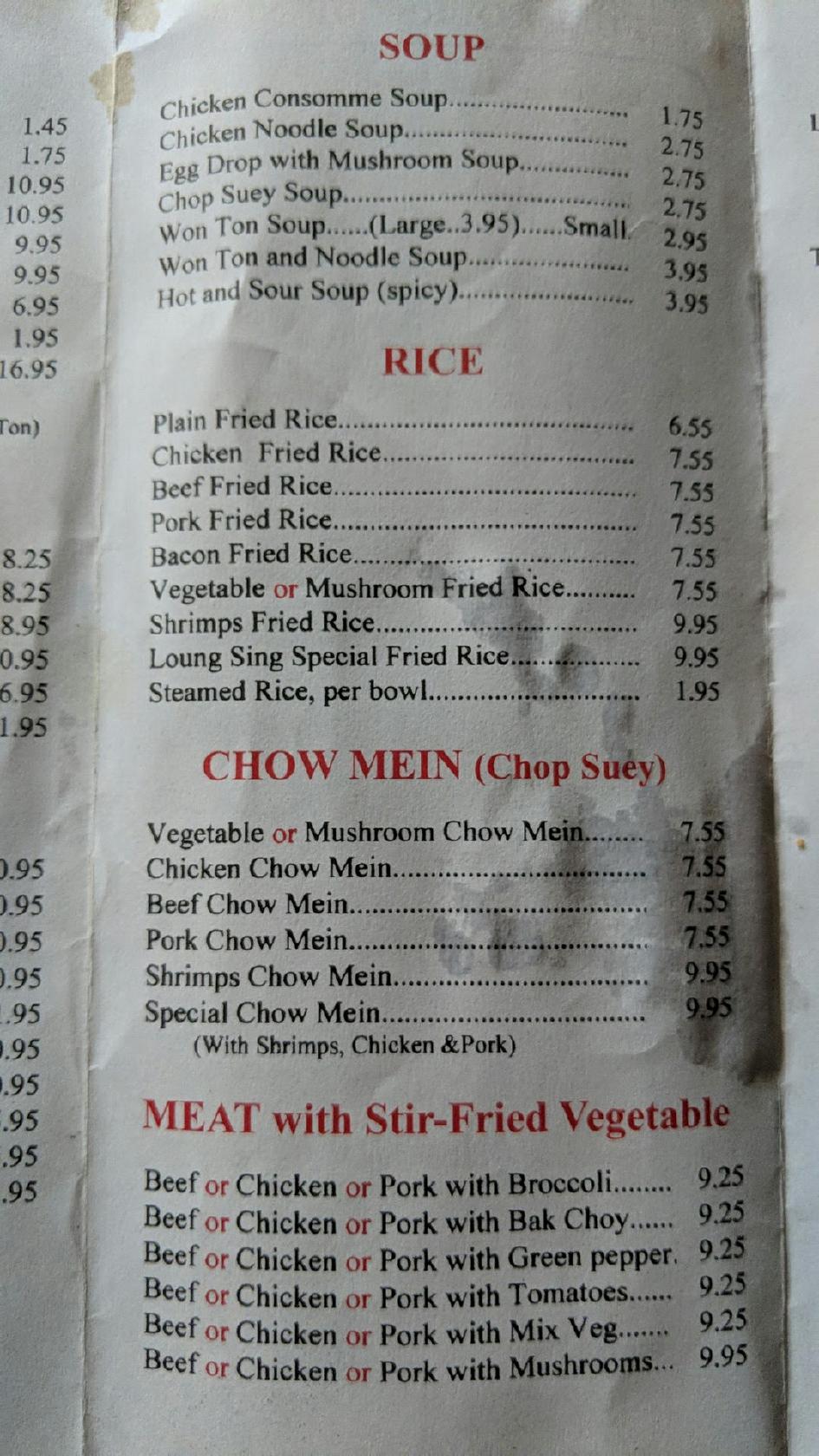 Menu at Loung Sing Restaurant, Walkerton, 422 Durham St E