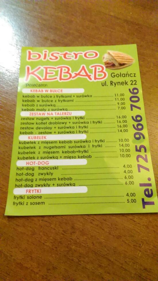 Menu at Bistro KEBAB restaurant, Gołańcz