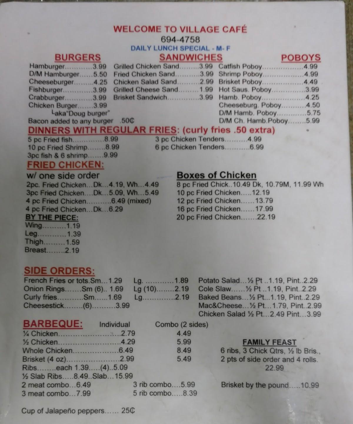 Carta de Village Cafe, Morganza