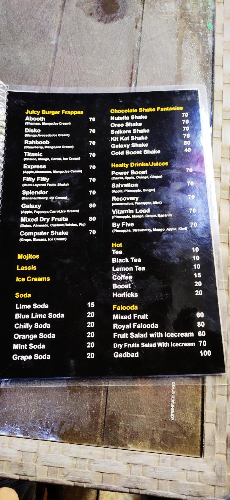 Menu at Juicy Burger, Ottapalam