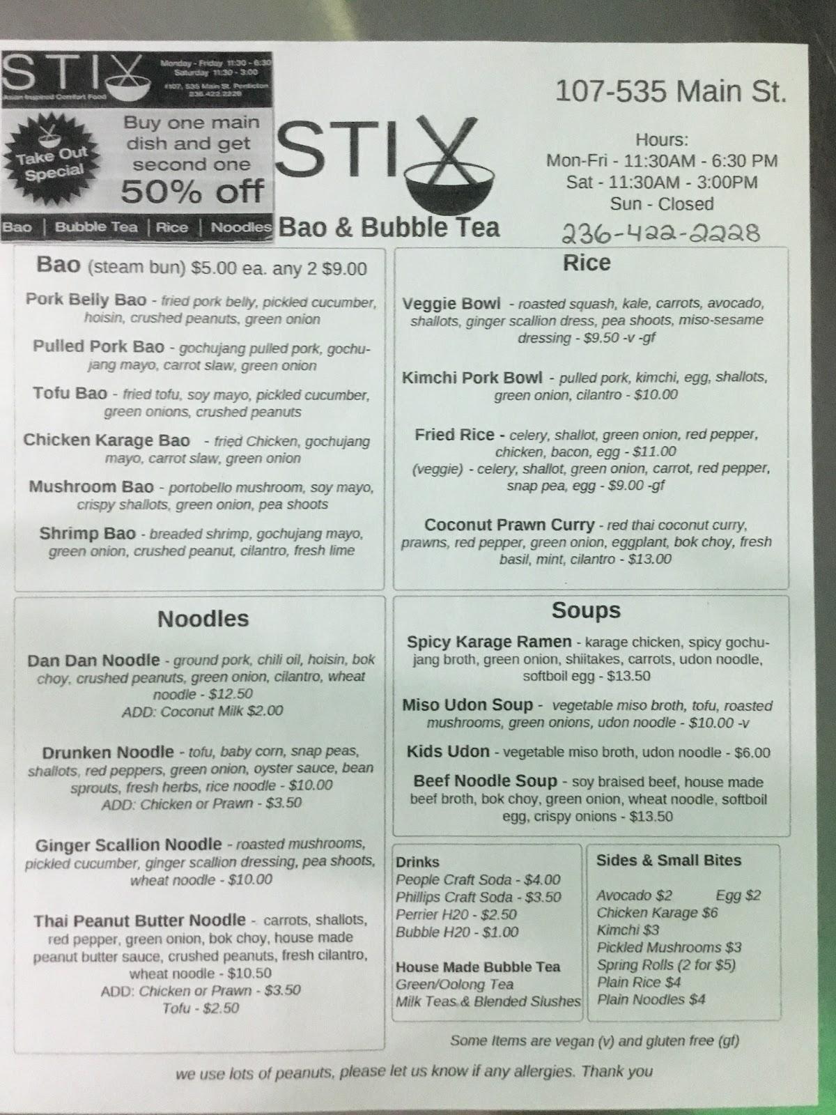 Menu au Stix Bao & Bubble Tea Penticton restaurant, Penticton