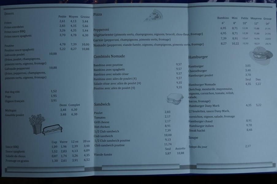 Menu au Casse-Croûte Le Nomade restaurant, La Tuque