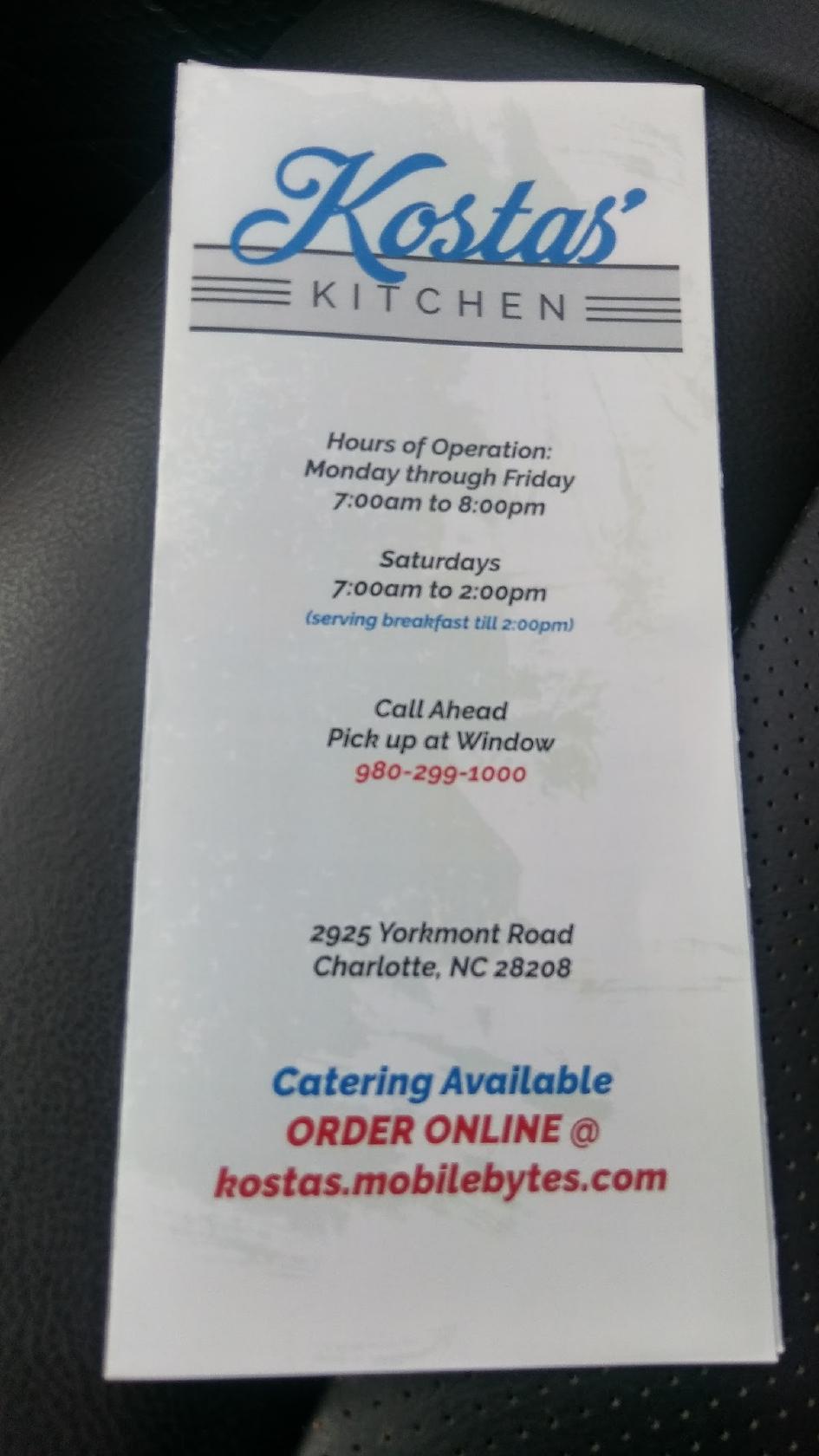 Menu at Kosta's Kitchen restaurant, Charlotte