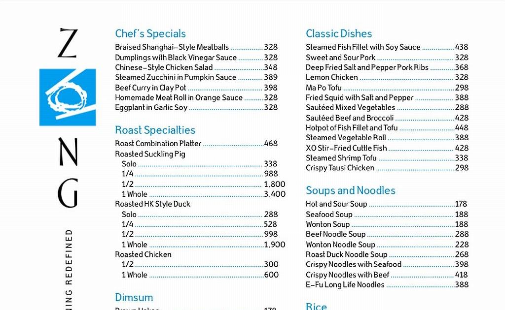 Menu at Zong restaurant, Muntinlupa