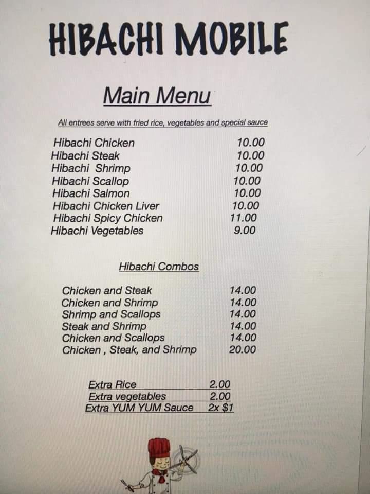 Menu at Hibachi Mobile restaurant, Ashland