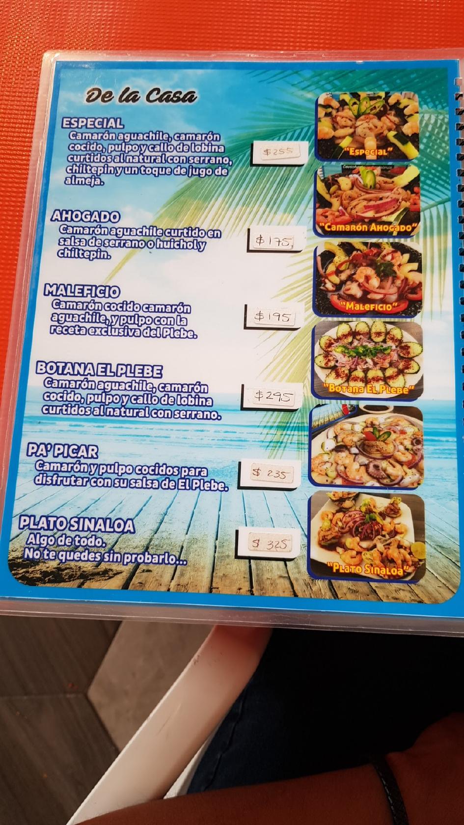 Carta del restaurante Mariscos "El Plebe", Saltillo