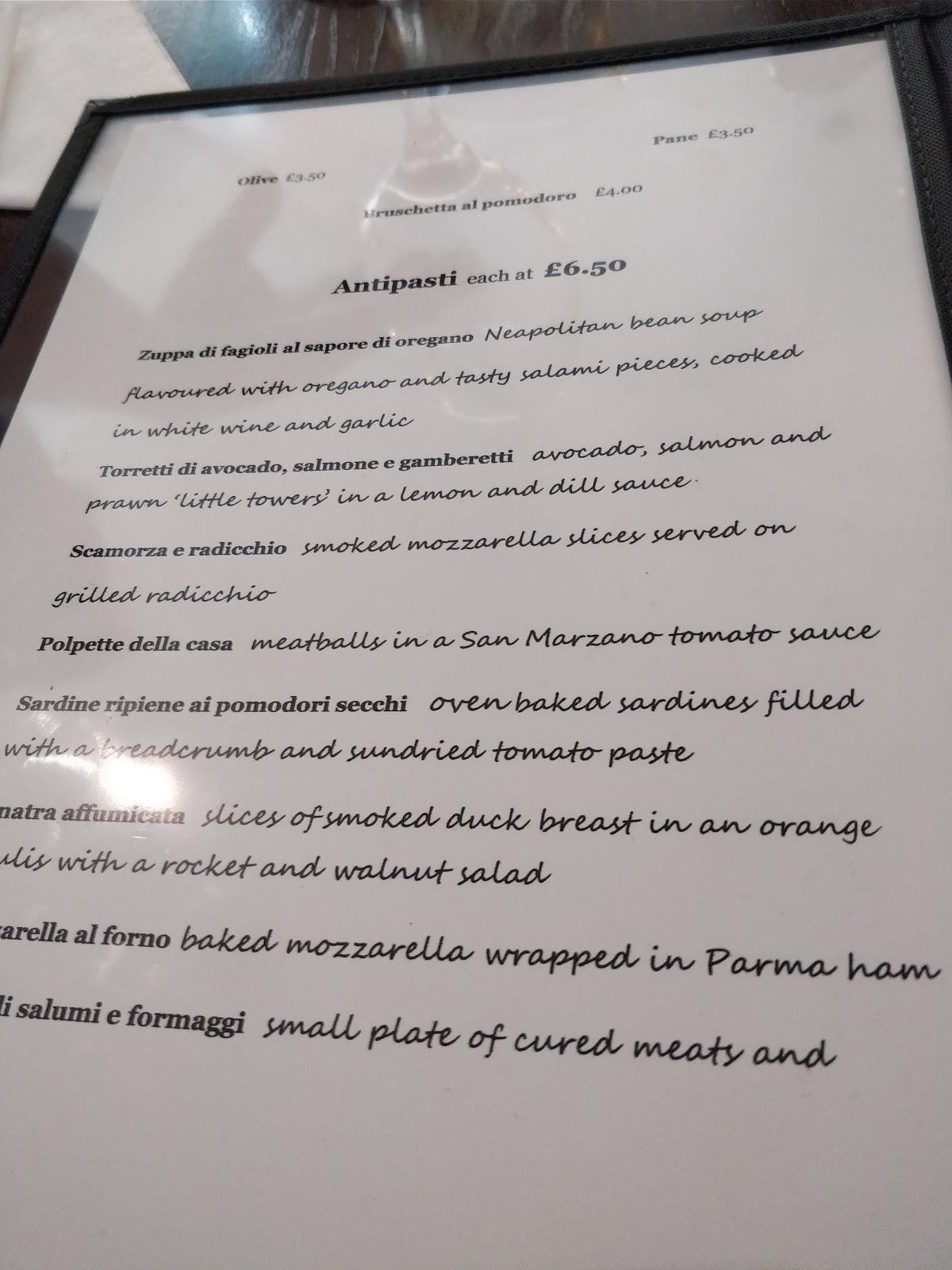 Menu at Caffè Caruso Bath restaurant, Bath