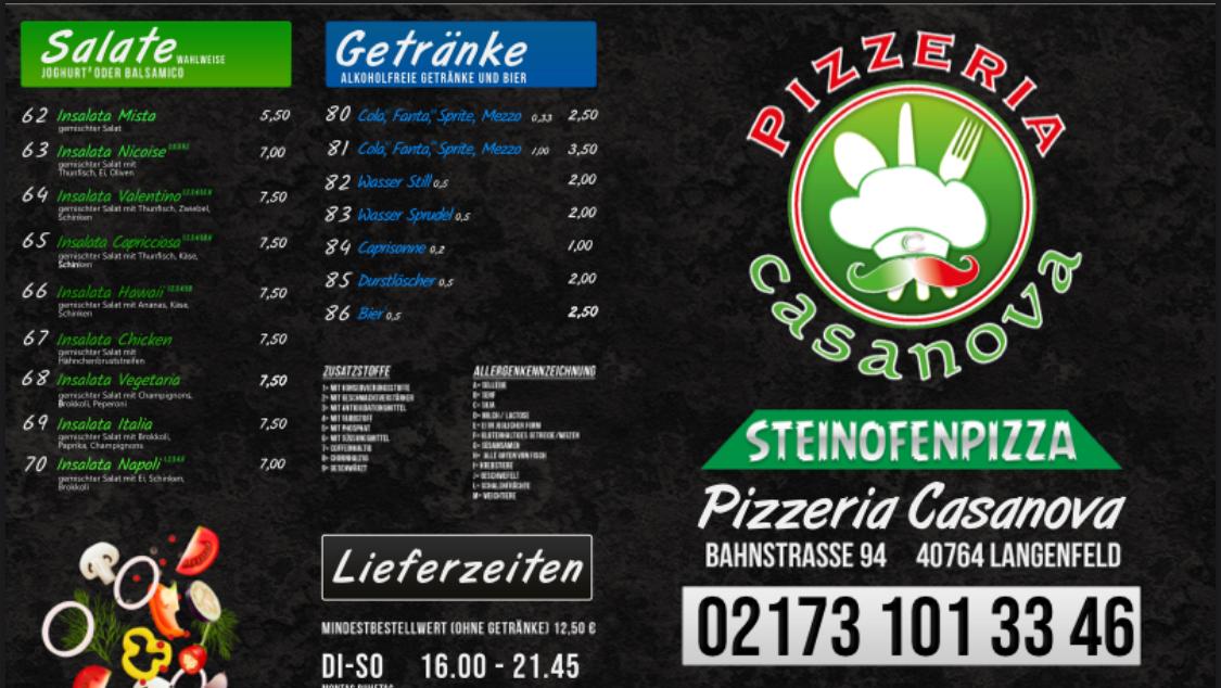 Speisekarte von Pizzeria Casanova, Langenfeld (Rheinland)