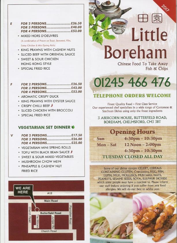 Menu at Little Boreham restaurant, Chelmsford