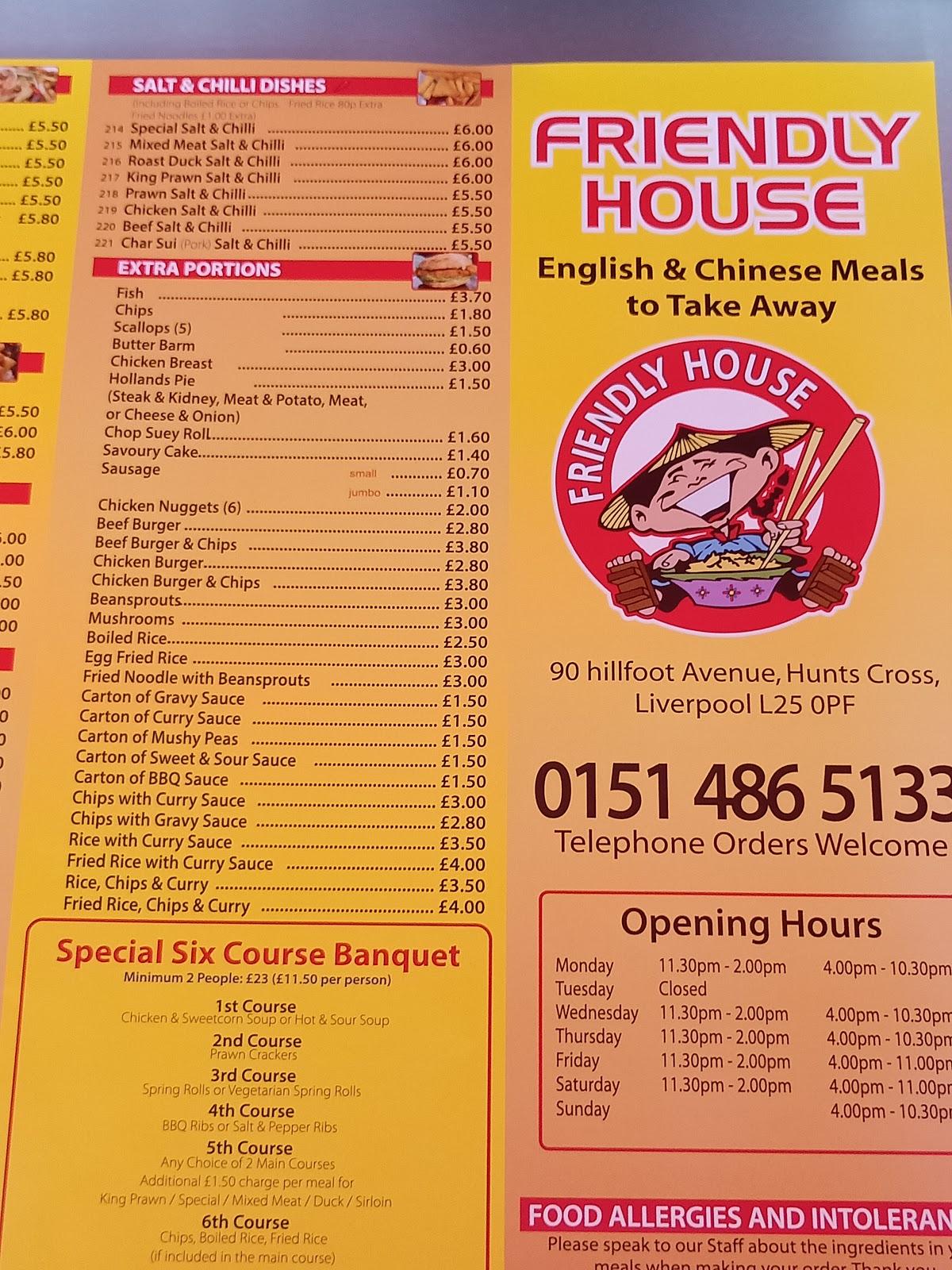 Menu at Friendly House fast food, Liverpool