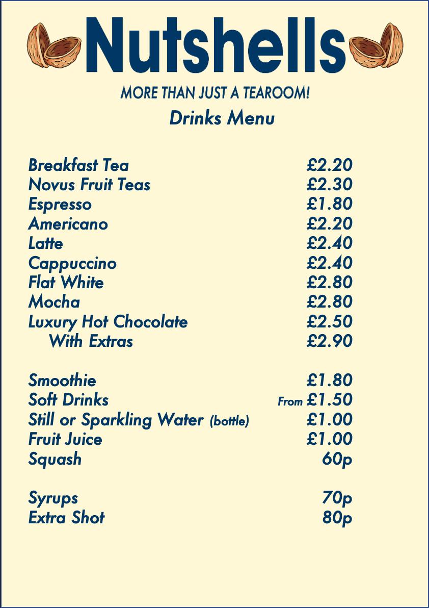 Carta del café Nutshells By-the-Sea, Felixstowe