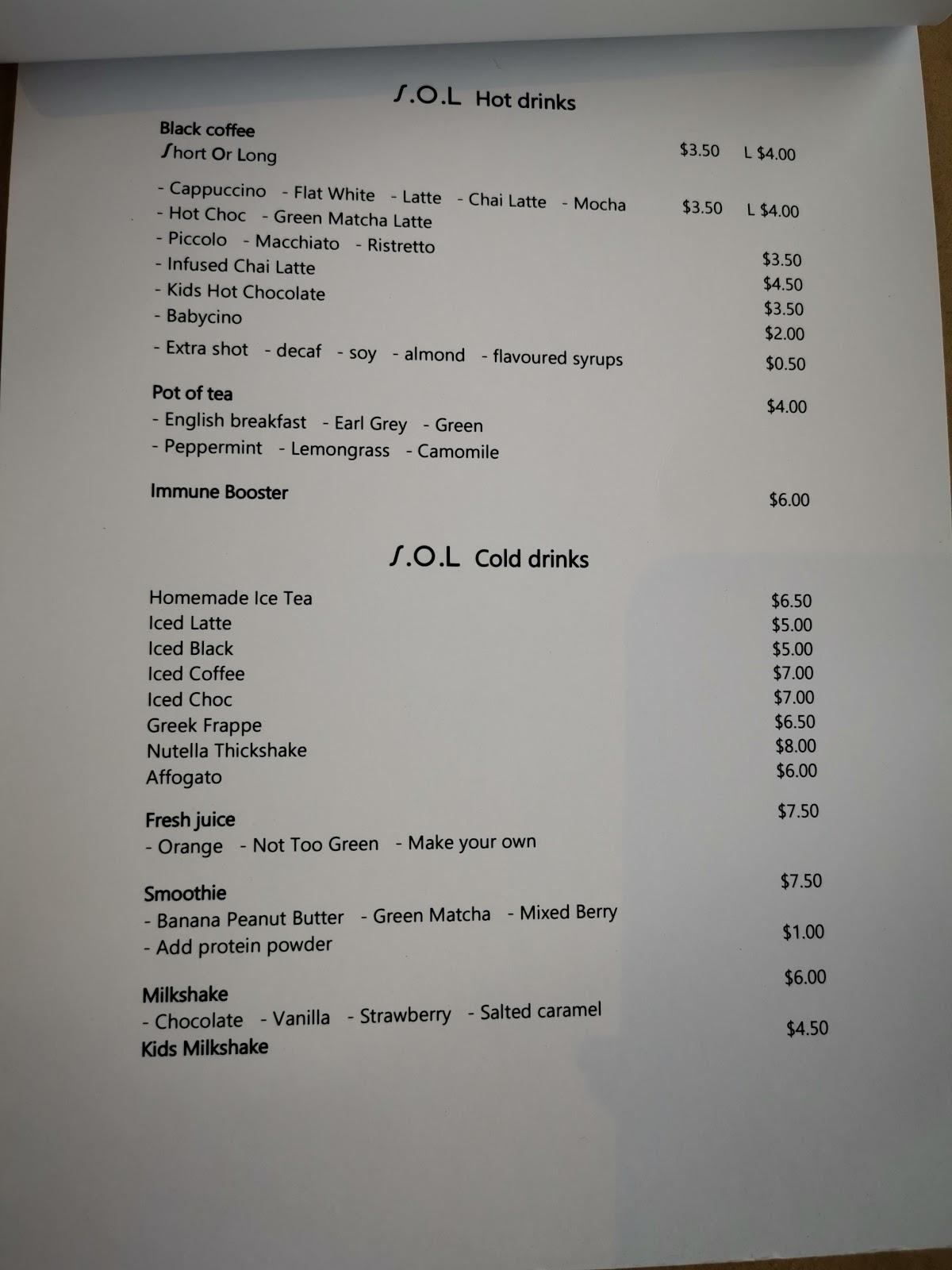 Menu at SOL coffee bar, Campsie