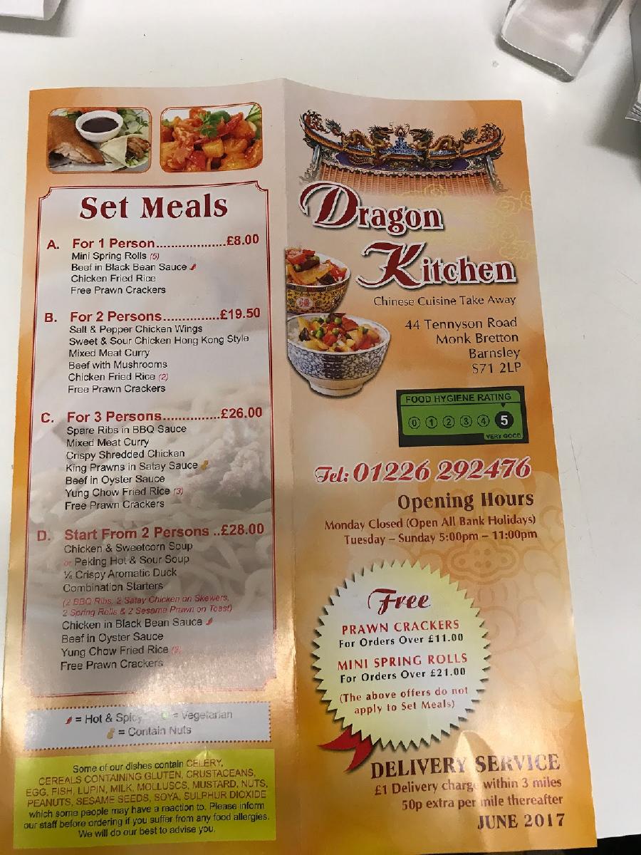 Menu at Dragon Kitchen restaurant, Barnsley