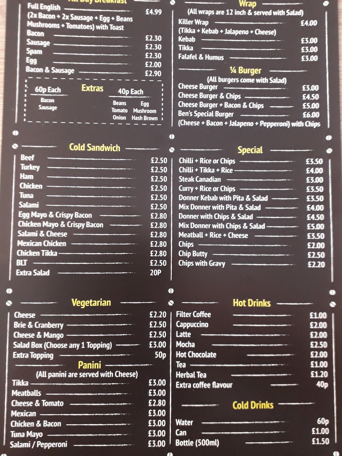 Menu at Ben's cafe Hunslet Road, Leeds