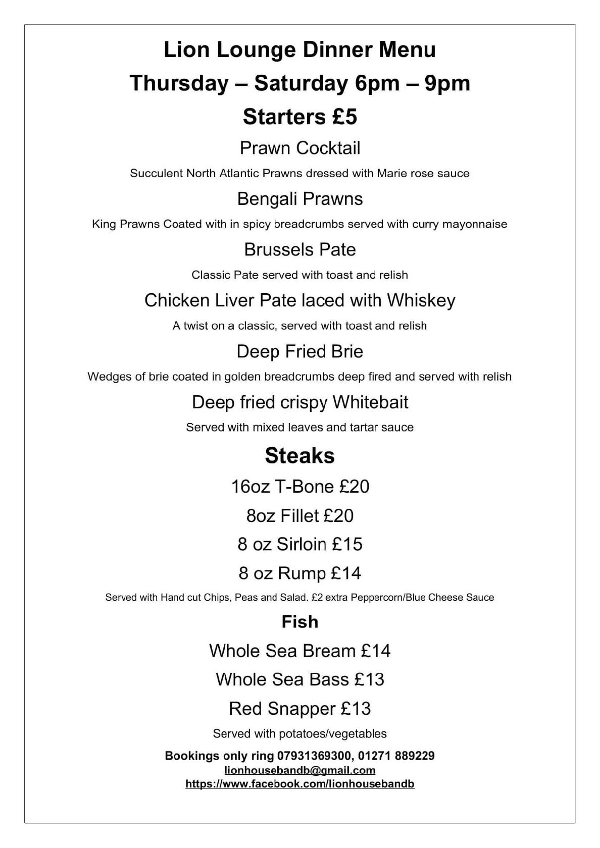 Menu at Lion House Bed and Breakfast restaurant, Combe Martin