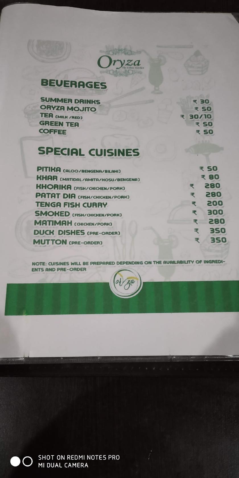 Menu at Oryza, the ethnic kitchen, Guwahati, Pamohi