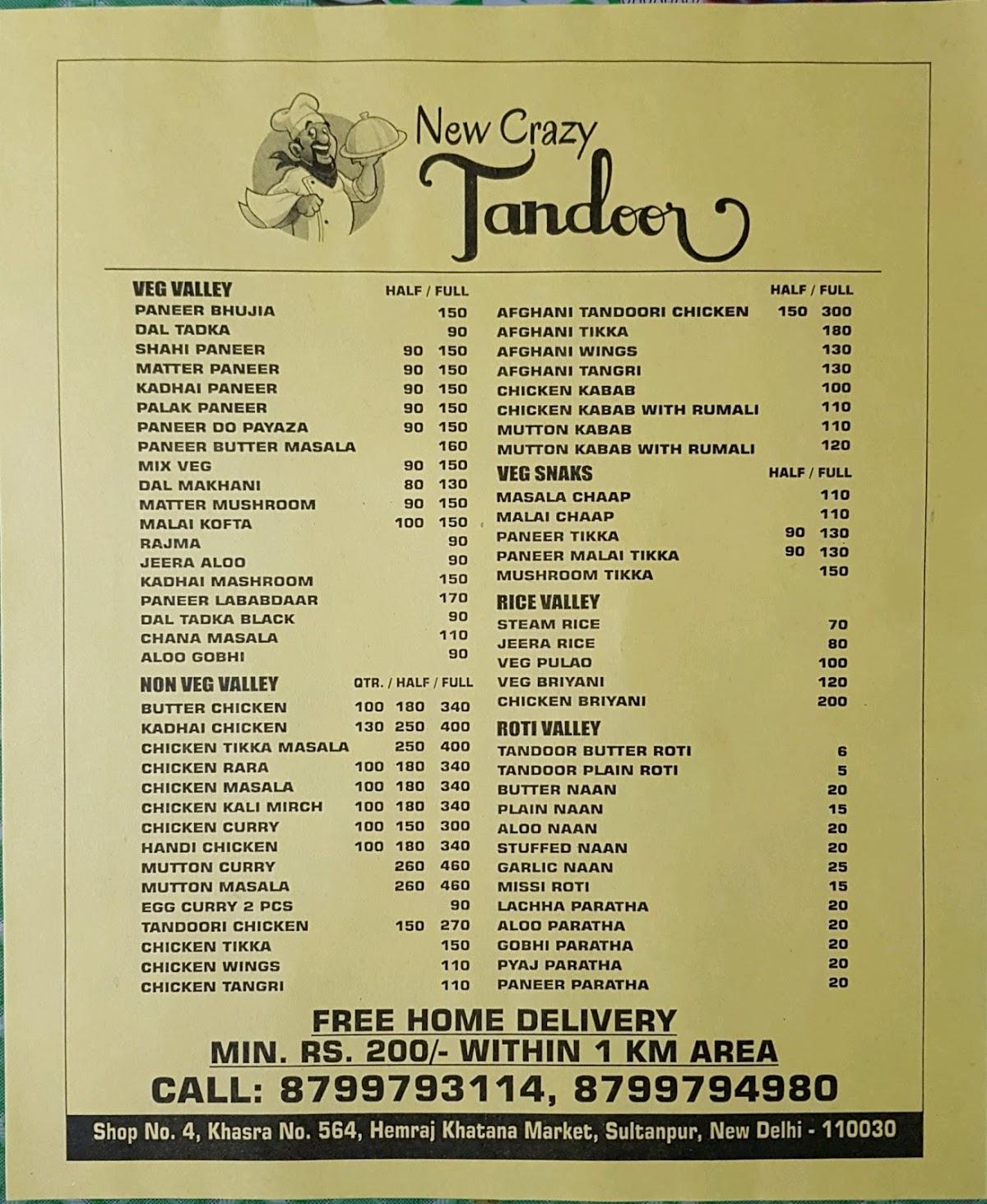 Menu at New Crazy Tandoor, New Delhi