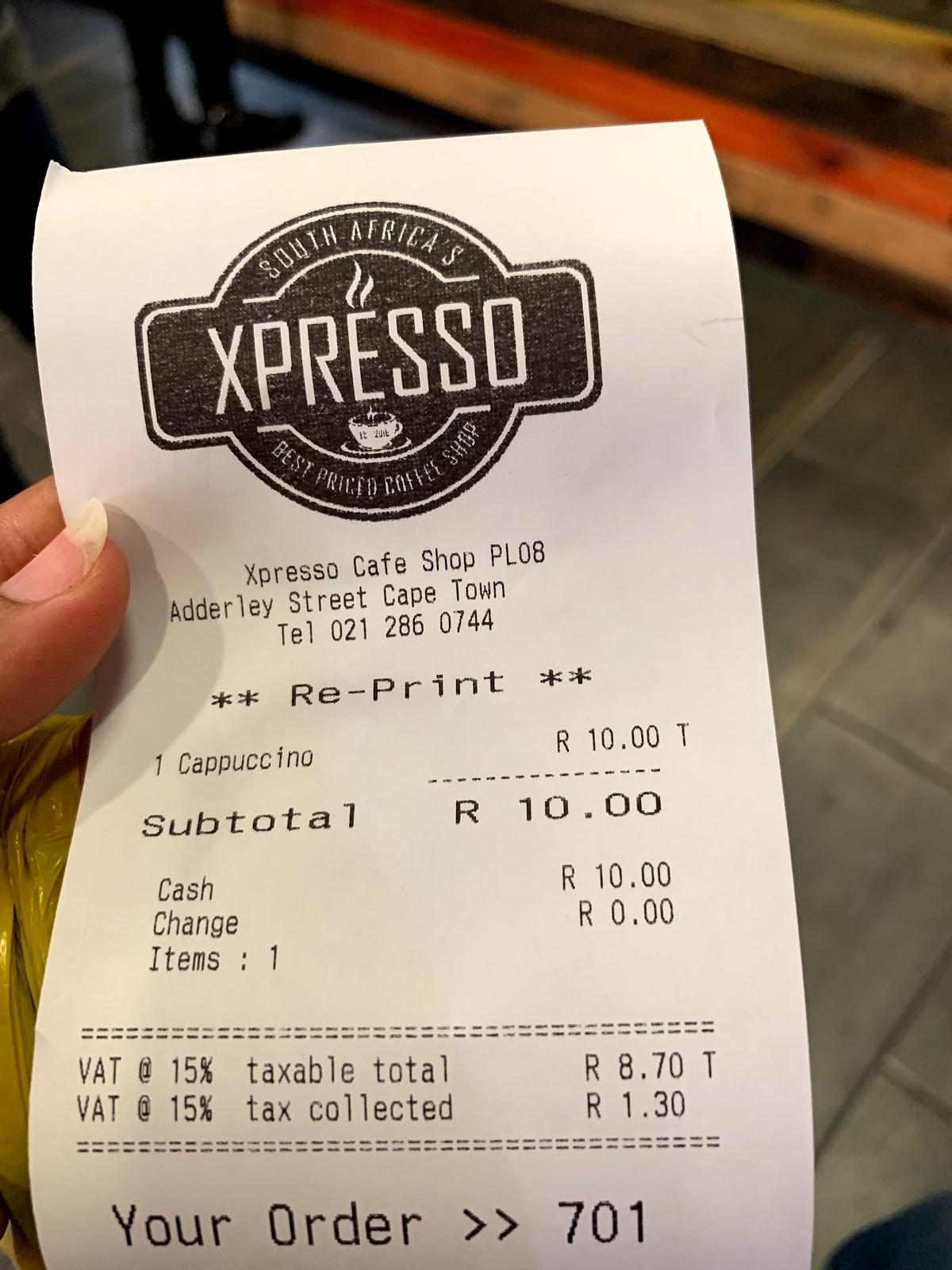 Menu au Xpresso Table Bay Mall restaurant, Le Cap, Unnamed Road