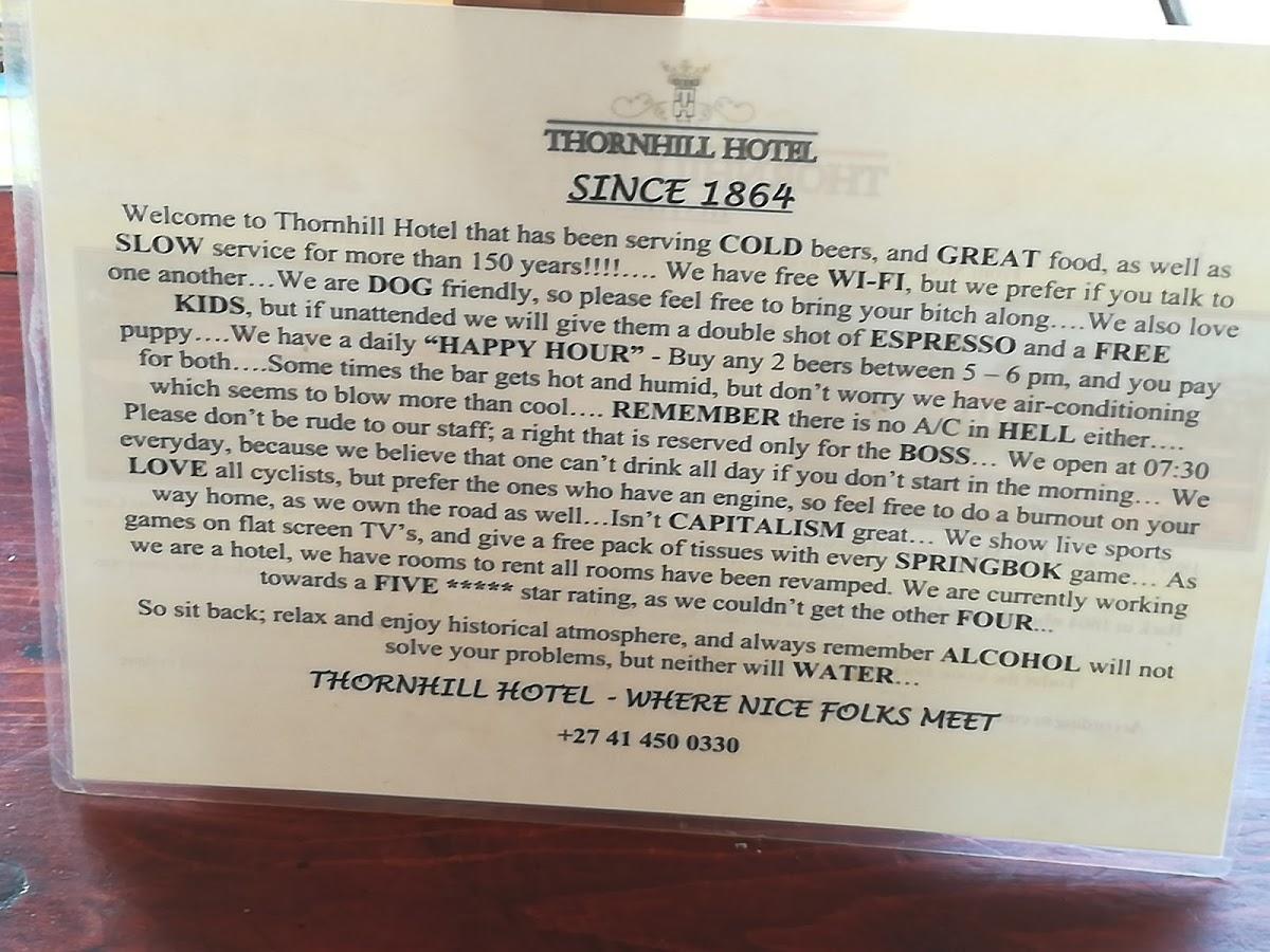 Menu at Thornhill Hotel pub & bar, South Africa