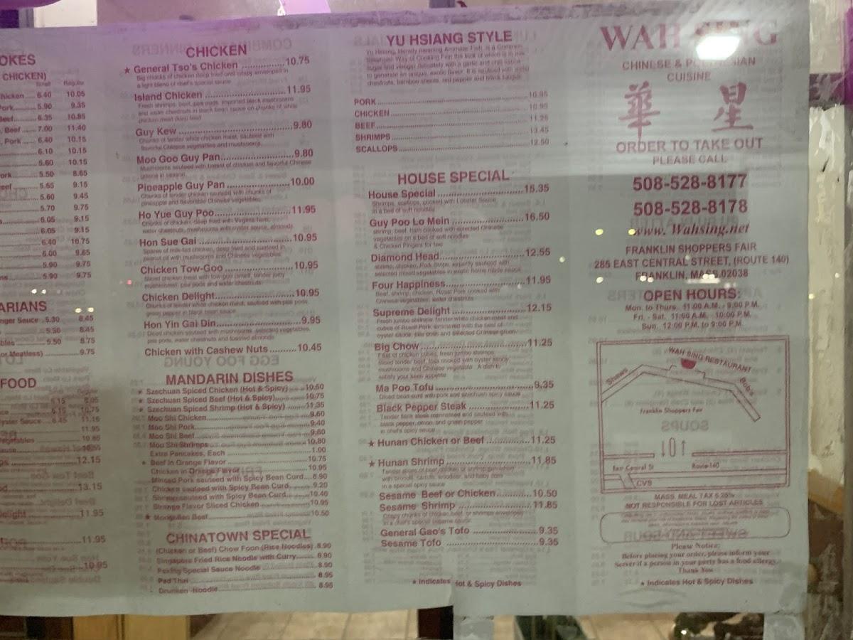 Menu at Wah Sing Chinese & Polynesian Cuisine restaurant, Franklin, 285 ...