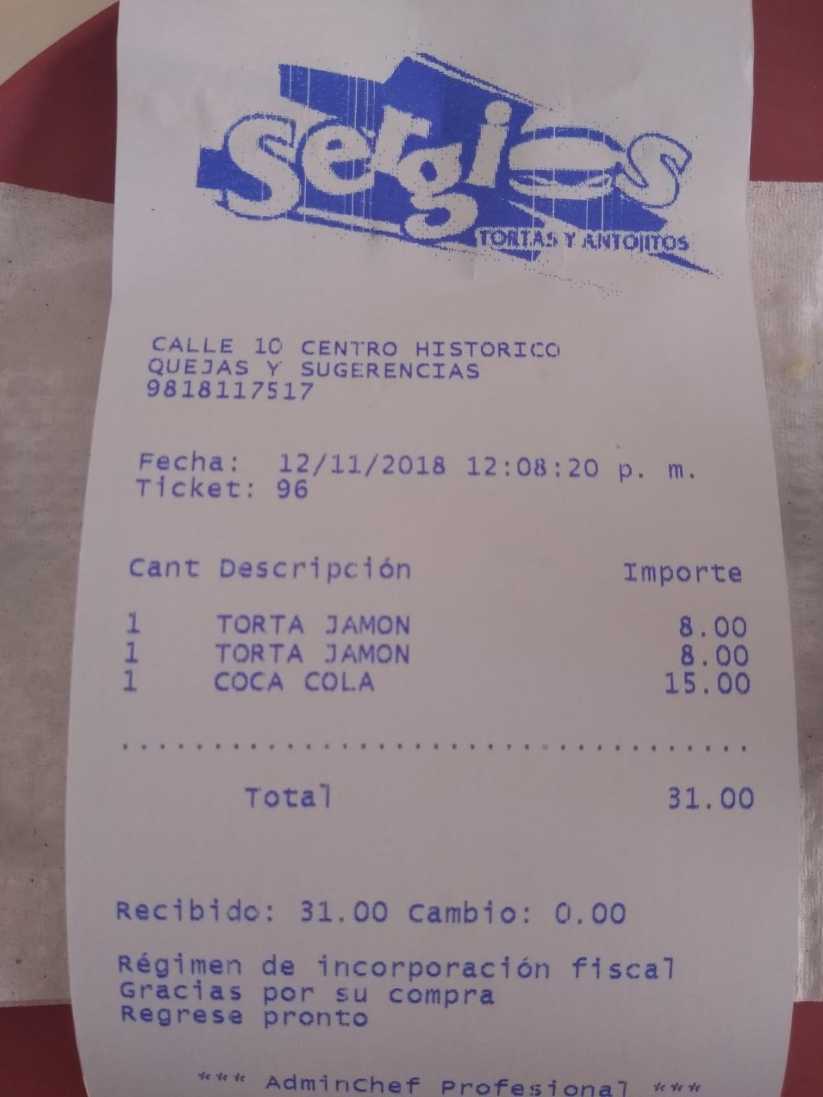 Carta del restaurante Sergios TORTAS Y ANTOJITOS, Campeche