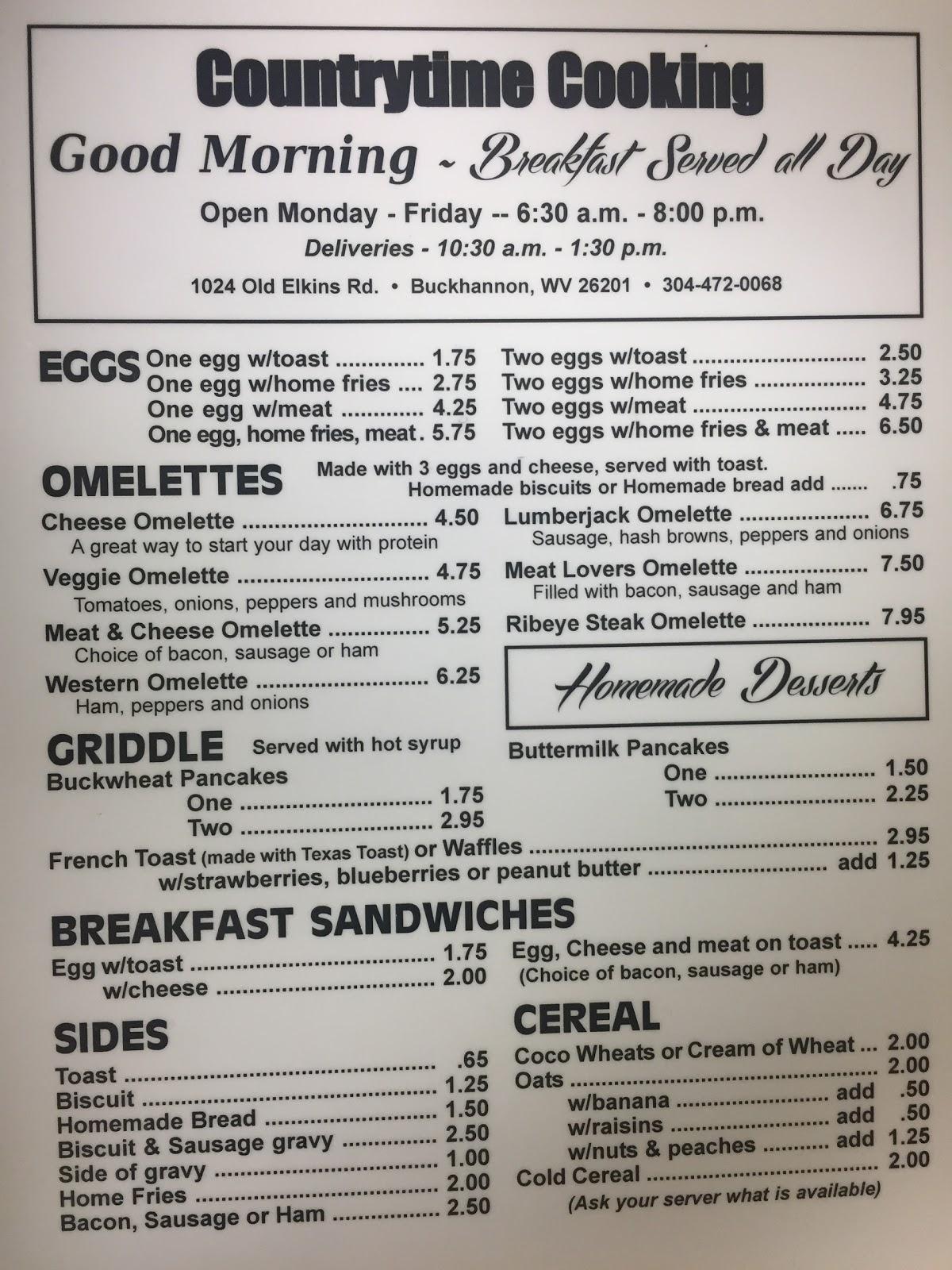 Menu at Countrytime Cooking restaurant, Buckhannon